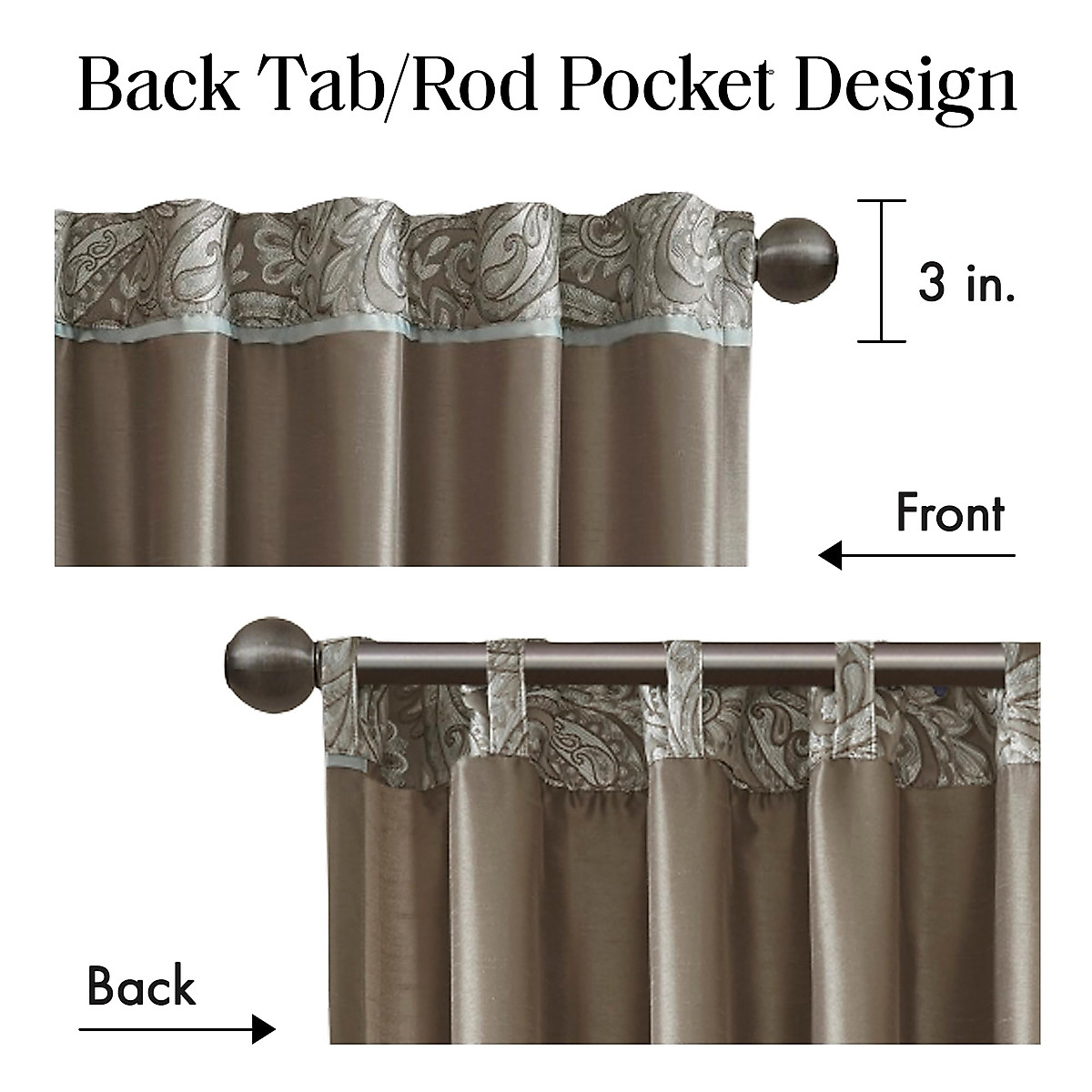 Madison Park Aubrey Faux Silk Paisley Jacquard, Rod Pocket Curtain for Living Room, Kitchen, Bedroom and Dorm, 50 in x 84 in, Taupe/Blue