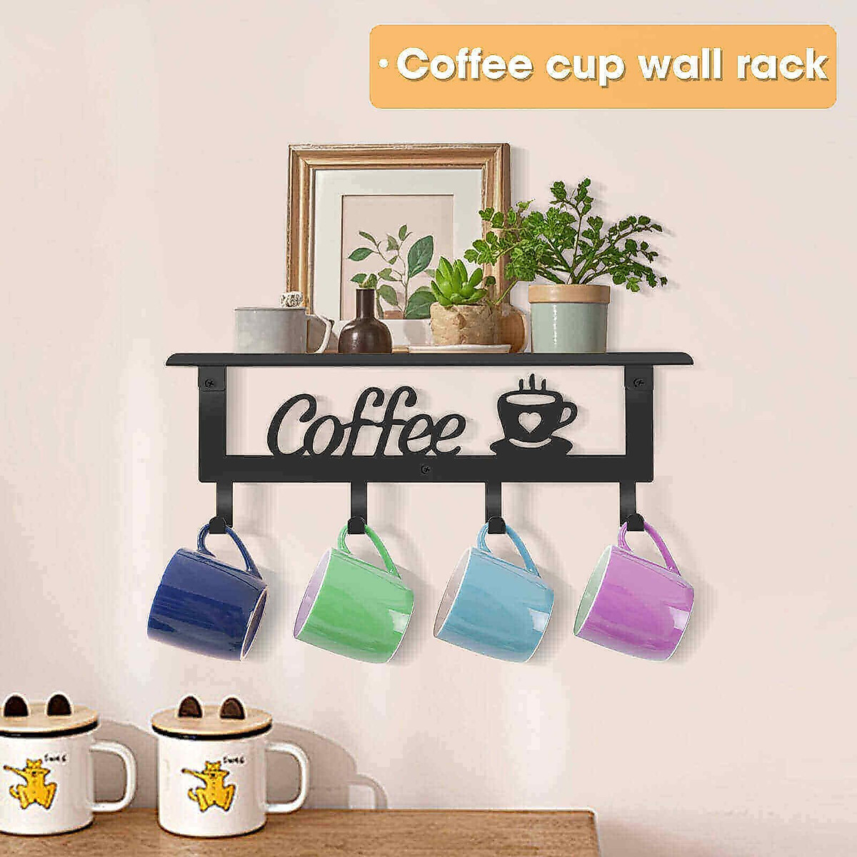 ArtHue Coffee Mug Holder Wall Mounted, Black Metal Coffee Cup Holder with 4 Hooks, Mug Rack Wall Mounted with Storage Shelf for Coffee Bar, Kitchen, Office, Farmhouse, Home Décor