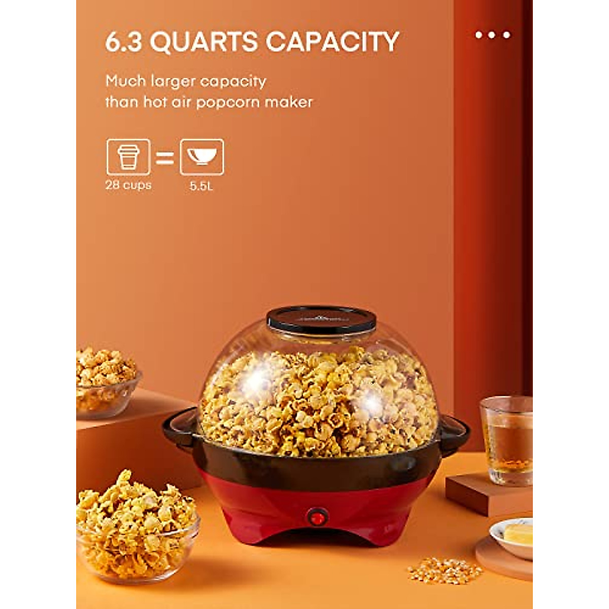 Popcorn Machine, 6.3 Qtrs./28 Cup Popcorn Maker, 800w Stir Crazy Popcorn Popper with Quick-Heat Technology, Removable Non-Stick Surface, Cool Touch Handles, Thicken Transparent Cover, 2 Measuring Cap
