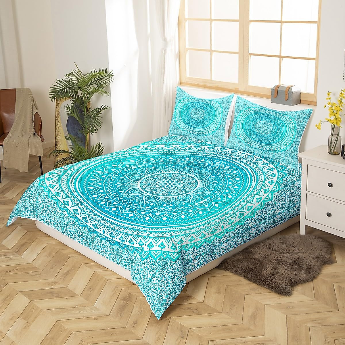 Castle Fairy Hippie Mandala Bedding Set,Teal Trippy Duvet Cover for Kids Teen Boys Girls,Bohemian Art Comforter Cover Decorative Room,Chic Exotic Quilt Cover with 2 Pillowcases,King Size