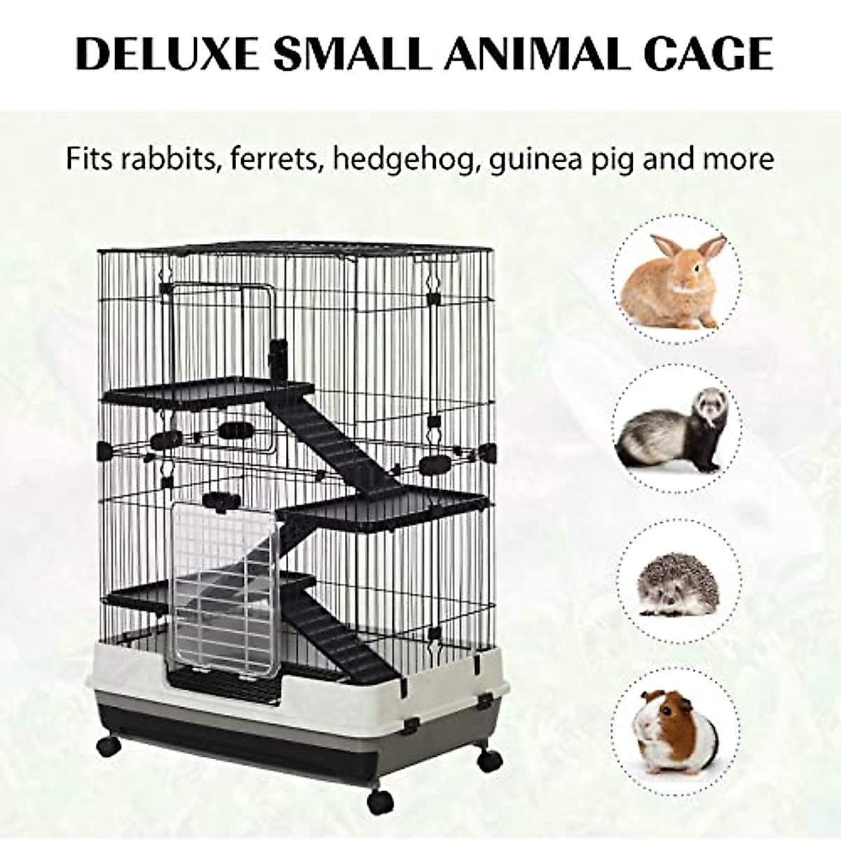 PawHut 43" H Small Animal Cage, 4-Level Bunny Cage with Rolling Stand, Chinchilla Cage with Doors, Slide-Out Tray, Black