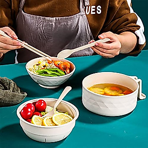 Okllen 2 Pack Microwave Ramen Cooker Bowl, Ramen Bowl with Lid Chopsticks Fork Spoon, Wheat Straw Instant Noodle Bowl for College Dorm Room Apartment, Essentials for Girls, Boys, Black and Beige