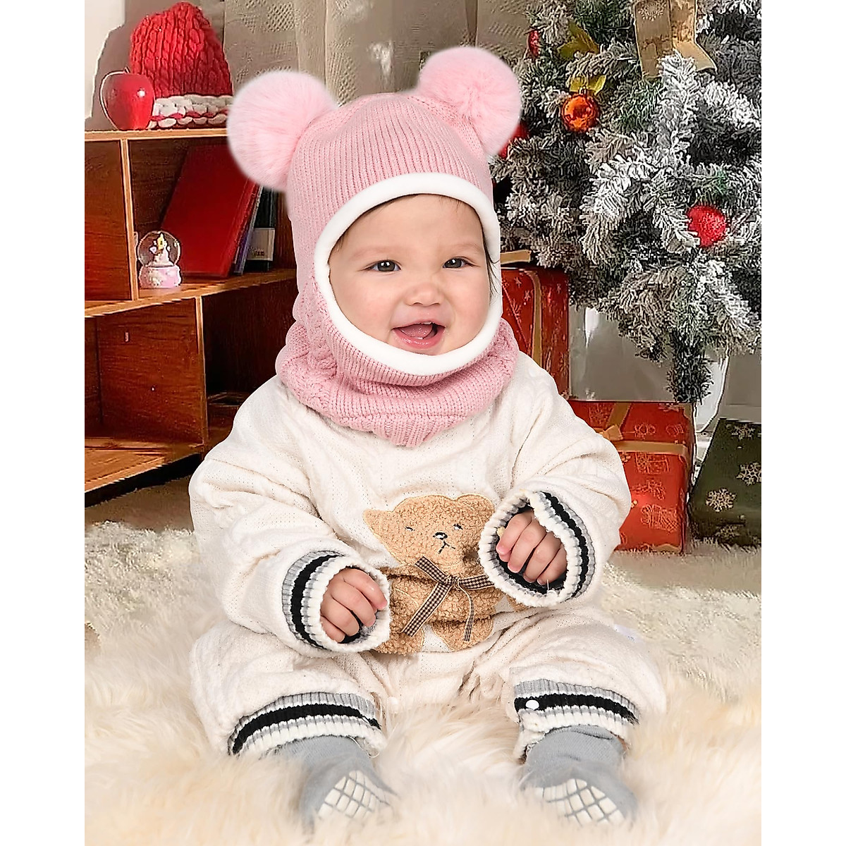 Camptrace Baby Toddler Winter Hat Scarf Set Pom Girls Boys Kids with Fleece Lined Beanie Snow Hat Hood