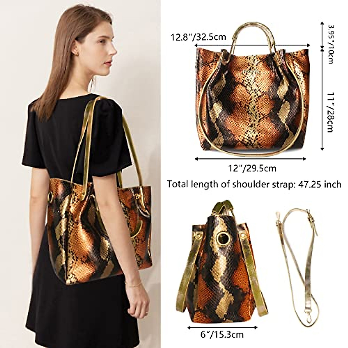 MEL JUN Genuine Leather Handbags for Women, Fashion Women's Purses and Handbags Work Tote Bag Shoulder Crossbody Bags -Gold