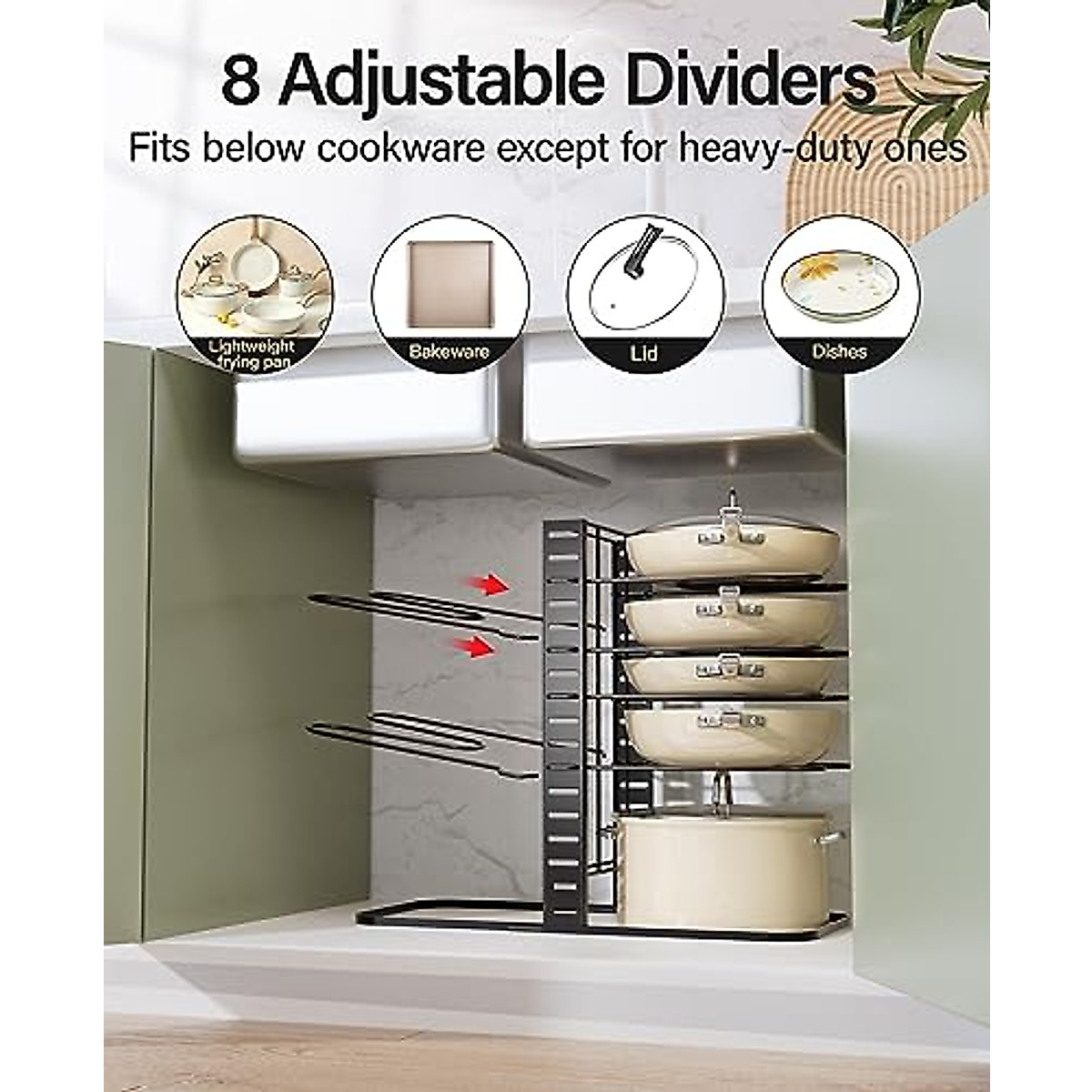 Pantasia Pots and Pans Organizer - [Truly Balanced, 8-Tier Adjustable] Pots and Pans Rack Organizer for Cabinet, Frying pan, Bakeware, Lid, Dishes, Kitchen Organizers and Storage