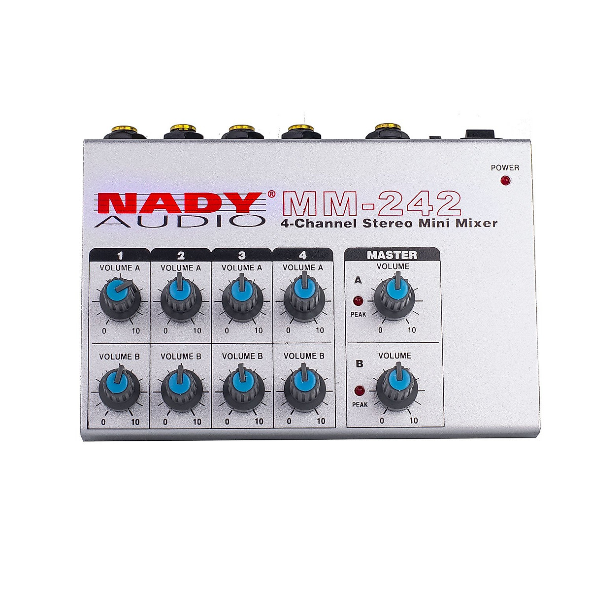 Nady MM-242 4 Stereo / 8 Mono Channel Mini Mixer with mono/stereo mode, ¼” Inputs and outputs – battery powered, or use optional AC adapter
