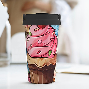 GTKSYNVE Reusable Coffee Mug with Lid and Handle, Cupcakes And Ice Cream Tumbler for Hot & Cold Drinks 16oz Stainless Steel Insulated Coffee Tumblers Double Wall Vacuum Thermal Cup