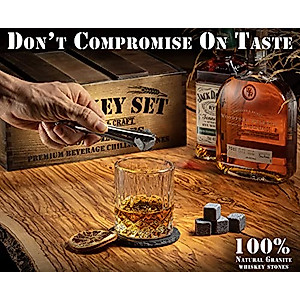 Mixology Whiskey Gift Set, Whiskey Glass Set with Rustic Wooden Crate, 8 Granite Whiskey Rocks Chilling Stones, 10oz Whiskey Glasses, Gift for Men, Dad, Husband, Boyfriend - Jameson Dark Brown