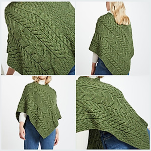 Aran Woollen Mills 100% Irish Merino Wool Ladies Aran Knit Poncho, Made in Ireland, Women's Poncho Wrap, One Size Meadow Green