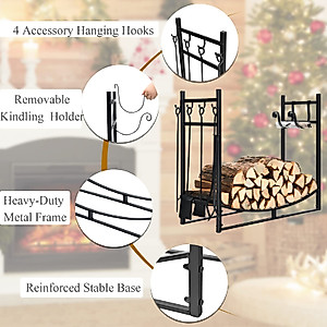 Goplus Firewood Rack with Tool Set, 36” Fireplace Log Holder W/Kindling Holders, Shovel, Poker, Tongs, Brush, Indoor & Outdoor Wood Stacker Lumbar Storage Organizer for Wood Stove, Fireside, Fire Pit