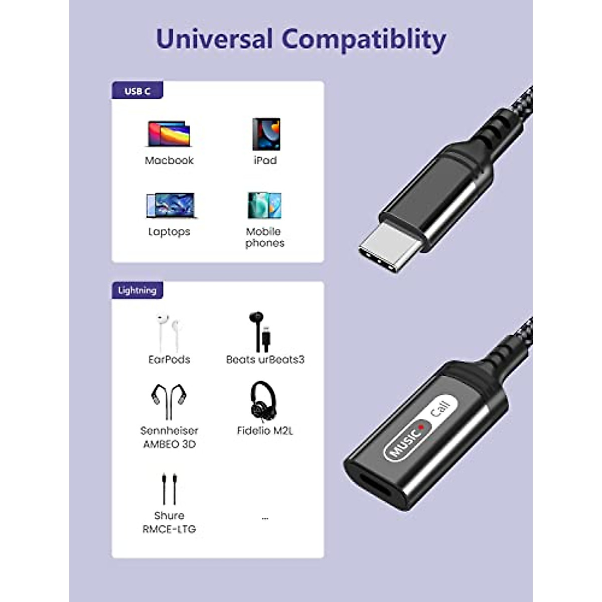 USB C to Lightning Audio Adapter USB Type C Male to Lightning Female Headphones Converter Compatible with iPhone 15/15Pro, iPad Pro, Galaxy S23/S22, MacBook USB C Laptop(Audio Only, Not for Charging)