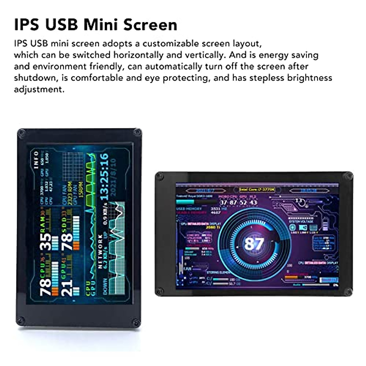 Zunate 3.5 Inch Computer Temp Monitor, IPS USB Mini Screen PC CPU RAM HDD Data Monitor, PC Sensor Panel Display, PC Temperature Display for PC ARGB Computer Case