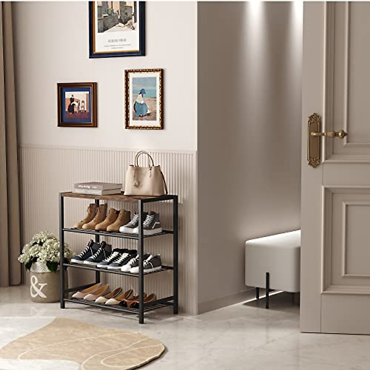 HOMEFORT 4-Tier Metal Shoe Rack, All-Metal Shoe Tower,Shoe Storage Shelf with MDF Top Board,Each Tier Fits 3 Pairs of Shoes,Entryway Shoes Organizer with Sturdy Metal Shelves in Rustic Brown,23.23"