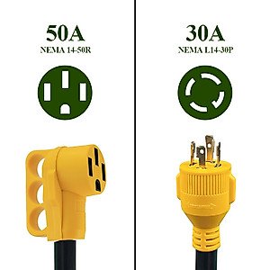 30 Amp 4 Prong Generator to Power 50 Amp RV,Extension Power Cord RV Generator Adapter NEMA L14-30P 30 Amp 4 Prong Male Locking Plug to 14-50R 50 Amp Female Outlet, Load Up to 30 Amp 250V,12 Inch
