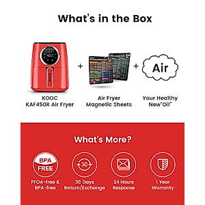 [NEW LANUCH] KOOC Large Air Fryer, 4.5 Quart Electric Hot Oven Cooker, Free Cheat Sheet for Quick Reference Guide, LED Touch Digital Screen, 8 in 1, Customized Temp/Time, Nonstick Basket, Red