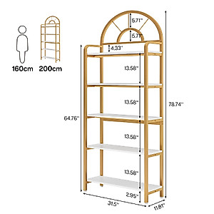 Tribesigns White and Gold Arched Bookshelf 5 Tier Bookcase, Gold Shelves for Living Room Freestanding Tall Display Shelf, Decorative Shelf for Bedroom