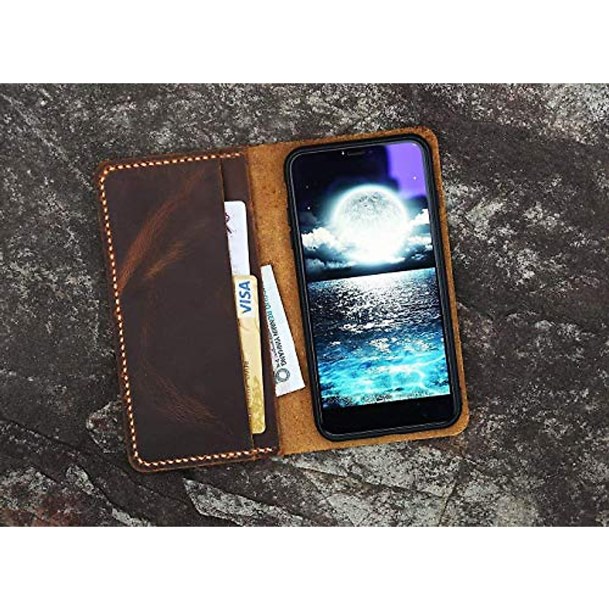 Distressed vintage brown leather iPhone14 13 12 11 Pro Max wallet case/real leather iPhone XR XS Max Wallet Case -IP005W