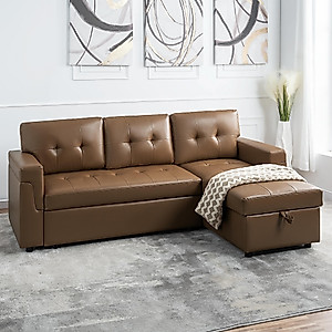 Naomi Home 85 in. Convertible Sofa with Storage, Reversible L Shape Sofa Couch with Chaise, Comfy Sectional Couches for Living Room, Mocha - Air Leather