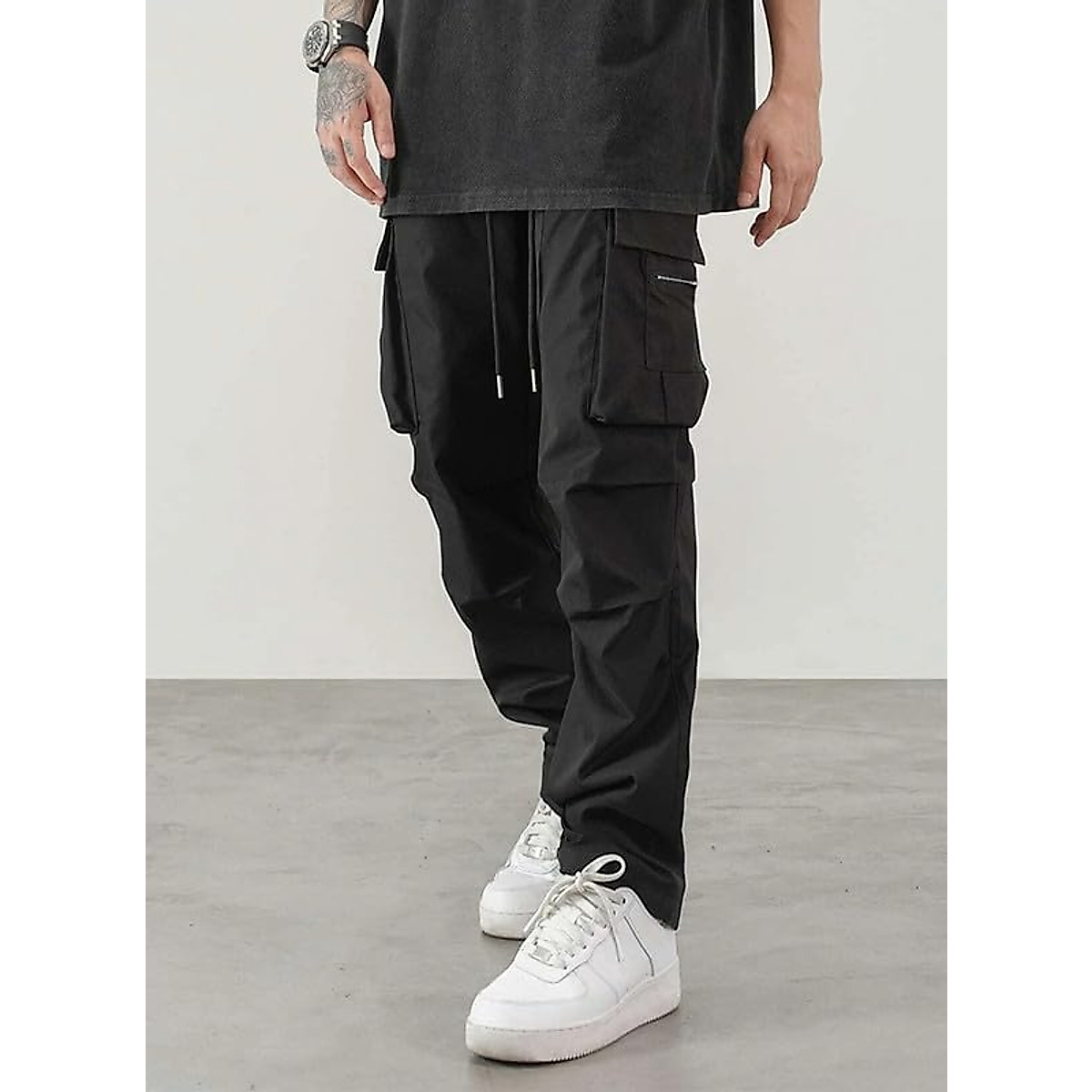 JMIERR Men Casual Cargo Pants Elastic Waist Drawstring Tactical Pant Lightwight Hiking Joggers Pants Loose Fit with Multi Pockets, US 34(M), 1 Black