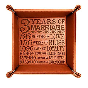 Kate Posh - 3 Years of Marriage Engraved Leather Catchall Valet Tray, Our 3rd Wedding Anniversary, 3 Years as Husband & Wife, Gifts for Her, for Him, for Couples (Rawhide)