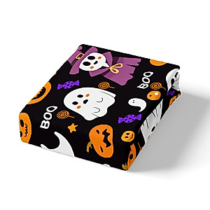 Feelyou Kids Cartoon Halloween Fitted Sheet Cute Ghost Pumpkin Sheets Set for Child Boys Girls Black Purple Queen Size Bedding Set Decoration Kawaii Bed Sheet Set Collection