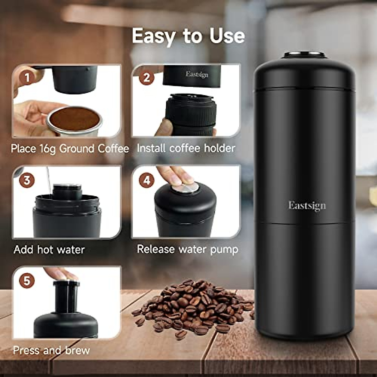 Eastsign Manual Espresso, Portable Espresso Machine, Compatible Ground Coffee, Hand Coffee Maker, Travel Gadgets, Manually Operated, Perfect for Camping, Hiking…