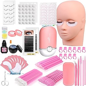 Lashes Kit for Beginner, Eyelash Extension Kit with Eye Lash Mannequin Head, Individual Lash Glue, Eyelash Remover, Fan, Extension Supplies Tools for Practice Training