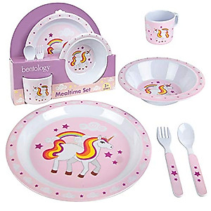 5 Pc Mealtime Baby Feeding Set for Kids and Toddlers - Includes Plate, Bowl, Cup, Fork and Spoon Utensil Flatware - Durable, Dishwasher Safe, BPA Free - Unicorn