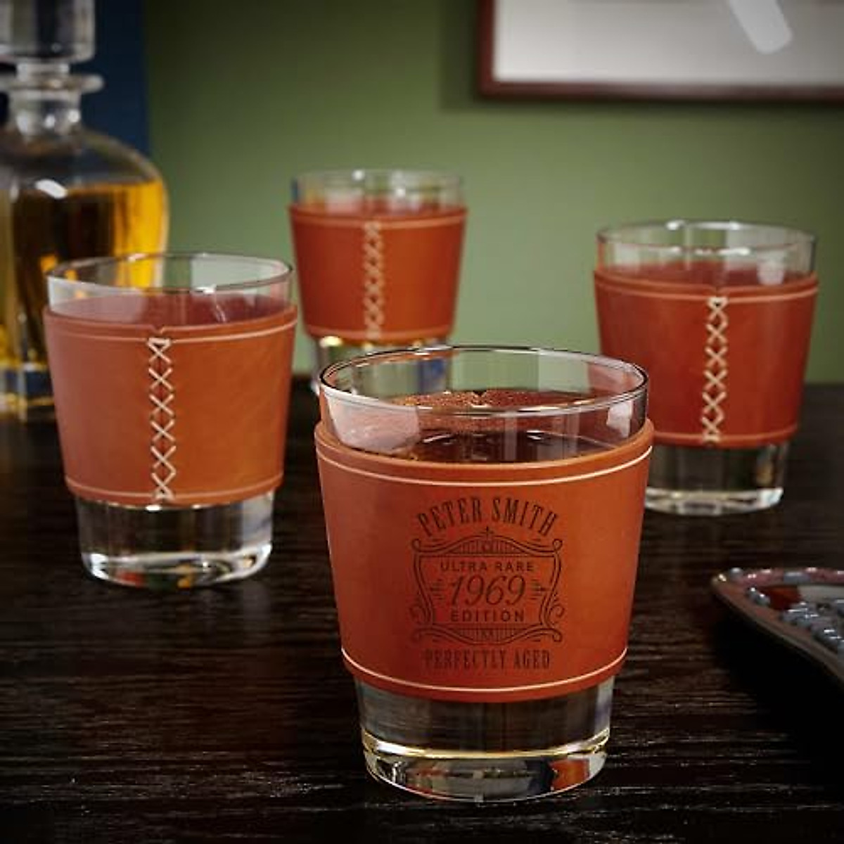 Whiskey Glasses with Personalized Leather Wrap, Set of 4 (Custom Product)