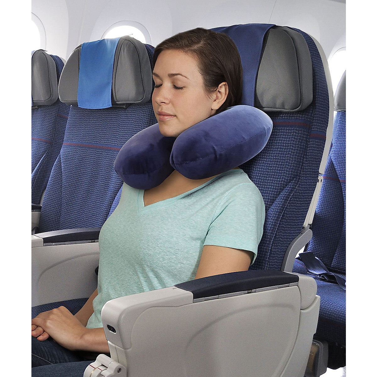 TravelMate Memory Foam Neck Pillow - Adjustable Thickness for Best Comfort, Dark Blue