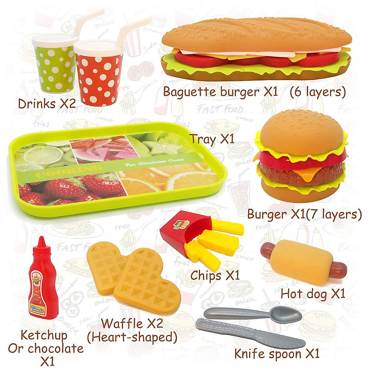 CAILLU Toddler Girls Toys Play Food Pretend Set,Food Green stem Kids Toys Burger,Boys Pretend Play