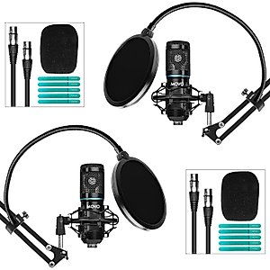 Movo PodPak2A 2-Pack Universal Cardioid Condenser Microphone Kit with Articulating Scissor Arm Mic Stand, Shock Mount, and Gooseneck Pop Filter - Podcast Equipment Set for YouTube, Podcast, Streaming