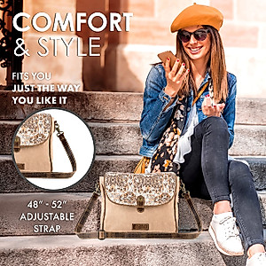 SIXTEASE Crossbody Bag for Women Vintage Style Genuine Leather, Upcycled Canvas, Rug, or Hair On - Cross Body Womens Bags with Inside Zipper Pockets - Tuscan