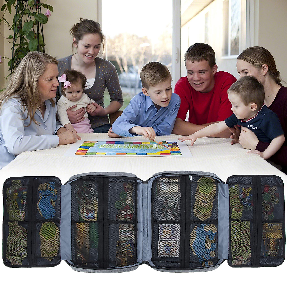 KISLANE Board Game Carrying Case with 18 pockets for Board Games, Pieces, Tokens, Cards and More, Expandable Board Game Storage Solution for Travel, Party, Gathering (Grey)