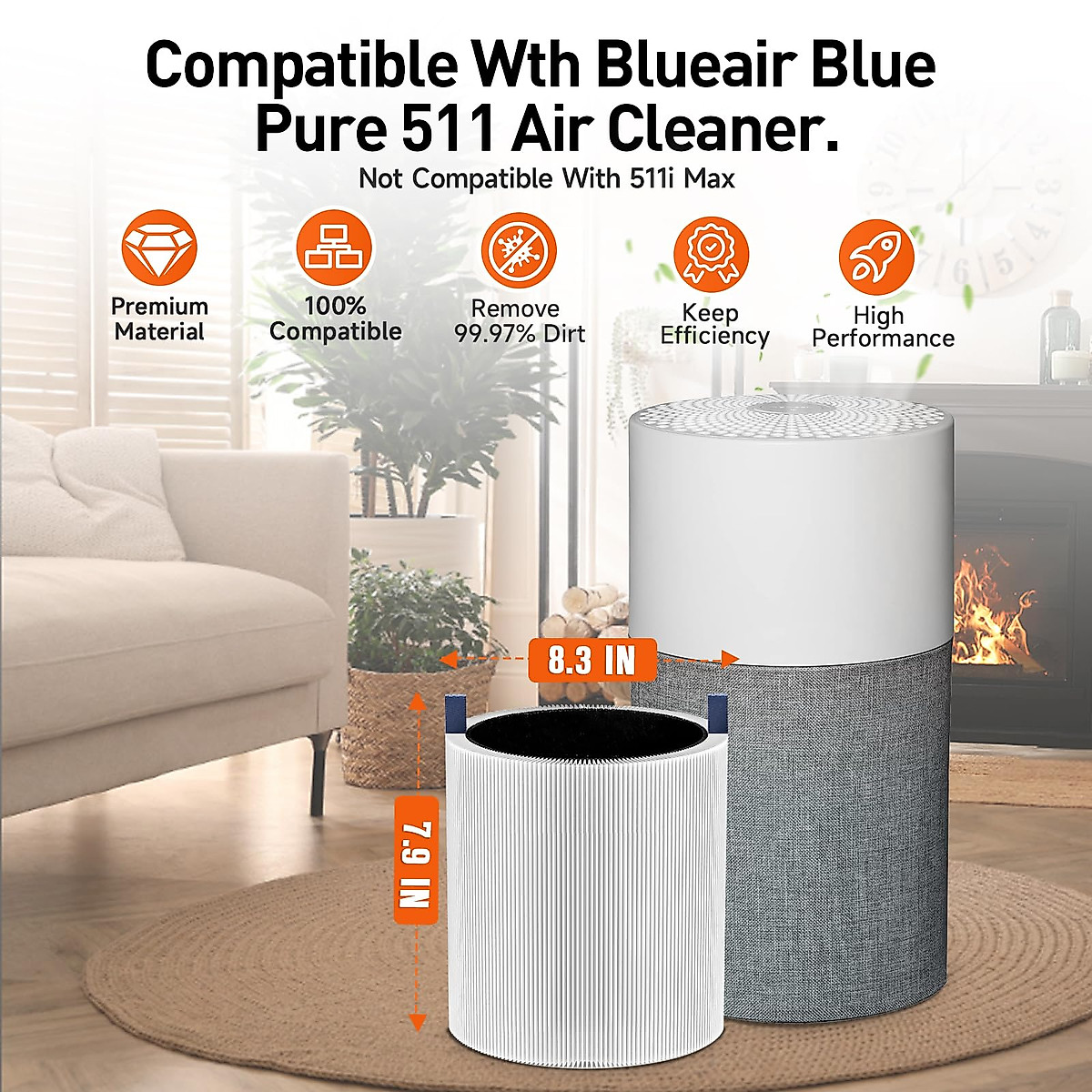 2 Pack Blue Pure 511 Filter Replacement Compatible With Blueair Blue Pure 511 Air Cleaner. Fit For Blue Air 511 Filter Replacement. 3-In-1 True HEPA Filter With Activated Carbon Filter.