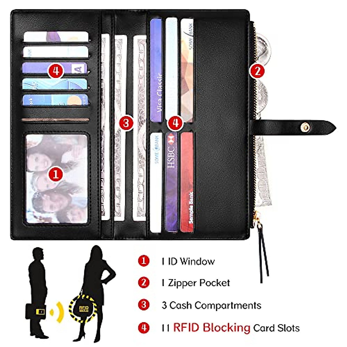 YOUBDM Slim Wallets for Women Credit Card Holder RFID Bifold Clutch Wallets Checkbook with Zipper Pocket