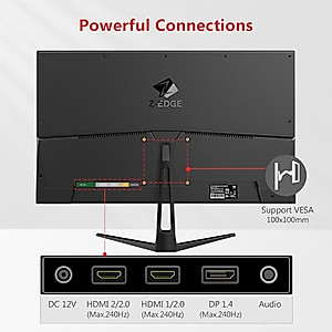 Z-Edge 24.5" Gaming Monitor, Z-Edge UG25I FHD 1920x1080 240Hz Gaming Monitor, 1ms Frameless LED, AMD Freesync Premium Display Port HDMI Built-in Speakers
