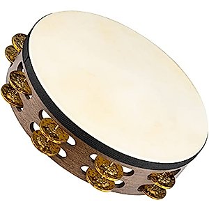 Meinl Percussion TAH2V-WB 10-Inch Vintage Wood Tambourine with Goat Skin Head and Hammered Brass Jingles, 2 Row