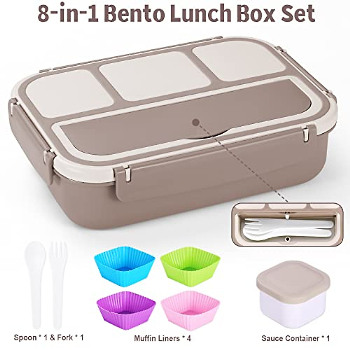 Bento Box Adult Lunch Box, Lunch Containers for Adults Men Women with 4 Compartments, Lunchable Food Container with Utensils, Sauce Jar, Muffin Liners, 40 Oz/5 Cup, Microwave & Dishwasher Safe, Brown