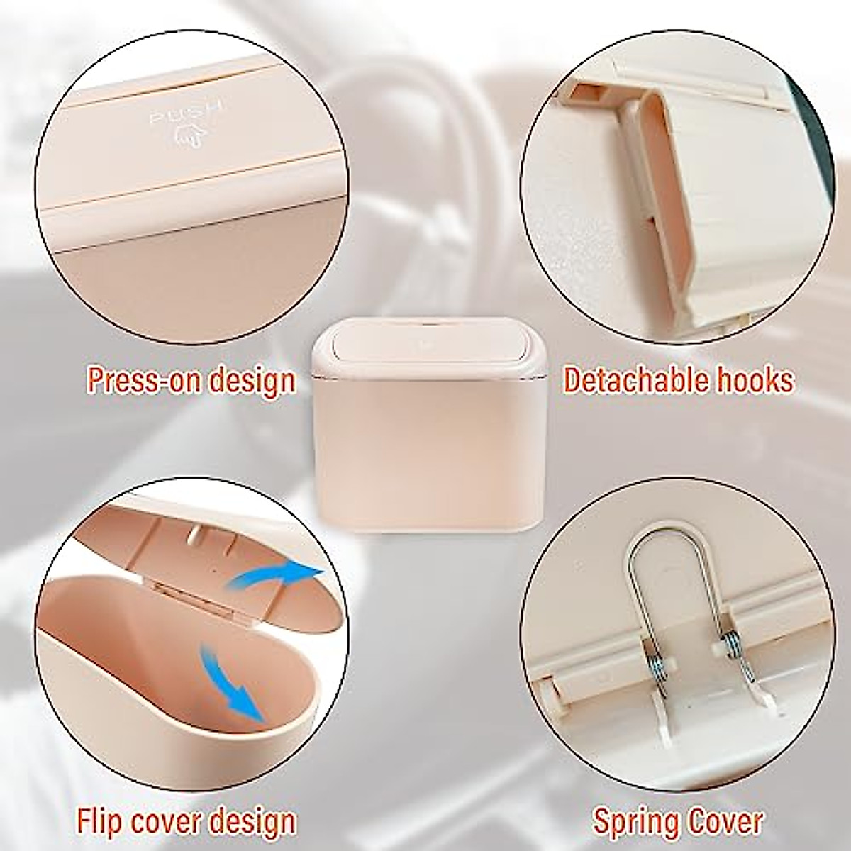 Kewucn Mini Car Trash Can Bin with Lid, Portable Auto Garbage Can with 15 PCS Trash Bags, Universal Hanging Leakproof Vehicle Organizer Storage for Car, Office, Bedroom, Home (Pink)