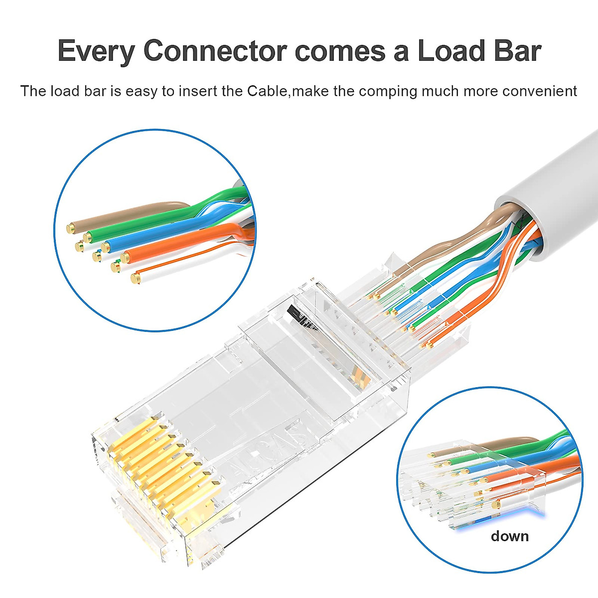 AUCAS 2 Piece Cat6 RJ45 Connector, End, Modular Plug, Connection, Gold Plated 50μ 8P8C for 23-24 AWG, Wire 1.0-1.1mm UTP Unshielded Cat6 Cat5e Solid or Stranded Ethernet Network Cable, 50 Pack