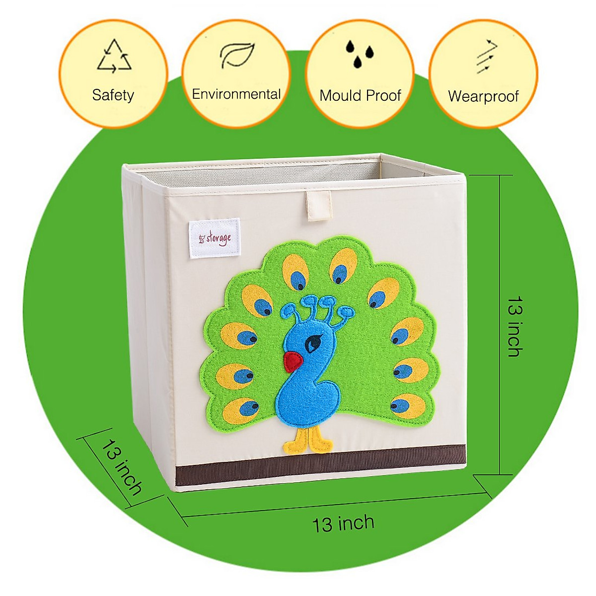 DODYMPS Foldable Animal Canvas Storage Toy Box/Bin/Cube/Chest/Basket/Organizer For Kids, 13 inch (Peacock)