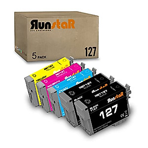 Run Star 5 Pack T127 Remanufactured Ink Cartridge Replacement for Epson 127 use for WF-3520 WF-3540 WF-7010 WF-7510 60 530 625 840 545 Printer (2 Black 1 Cyan 1 Magenta 1 Yellow)