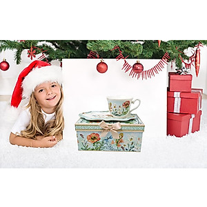 Lightahead® New Bone China Unique Tea Coffee Cup 10 oz and Snack Saucer Set in a Reusable Handmade Gift Box with Ribbon elegant floral design in attractive gift box