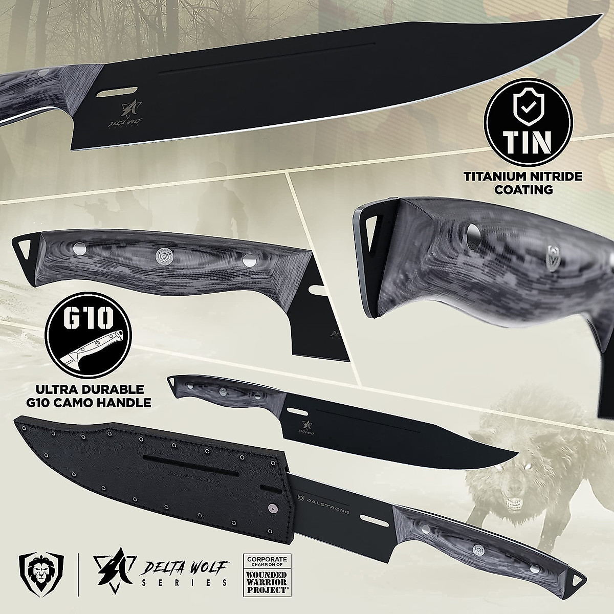 DALSTRONG Delta Wolf Series Chef Knife 10" Bundled with Delta Wolf Series Slicing & Carving Knife 12" with PU Leather Sheath - Black Titanium Nitride Coating - G10 Camo Handle