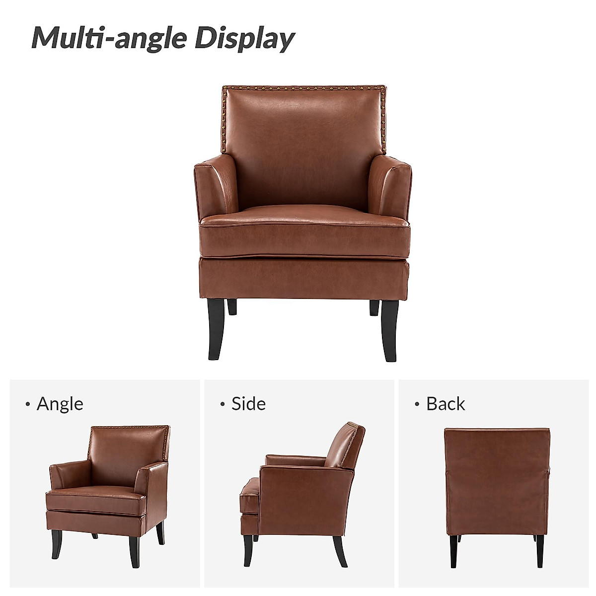 HULALA HOME Modern Faux Leather Accent Chair, Comfy Upholstered Sofa Chair with Nailhead Trim, Living Room Bedroom Armchair with Wood Legs, Brown