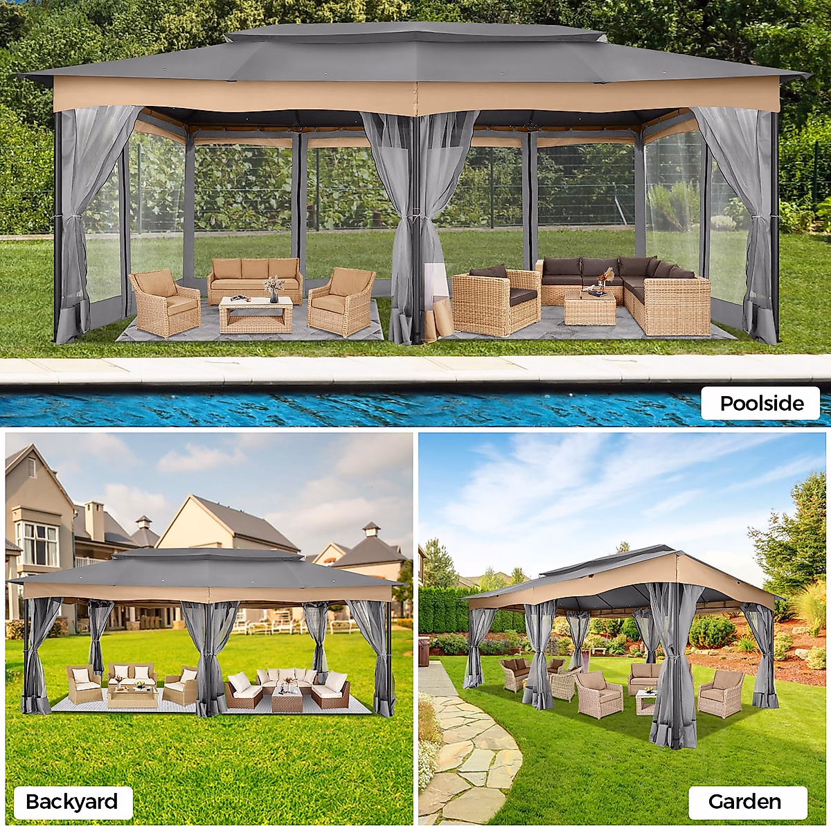 COBIZI Gazebo 10x20 Heavy Duty Patio Gazebo with Mosquito Netting Deck Gazebo with Metal Steel Frame Large Screen Gazebo Tent Waterproof with Double Roof for Backyard, Deck, Garden