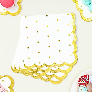 100 Pack White Scalloped Napkins with Gold Foil Edges and Dots for Wedding, Bridal, Baby Shower, Christening, any Occassion, Dinner Luncheon (3-Ply, 6.3 x 6.3 In)