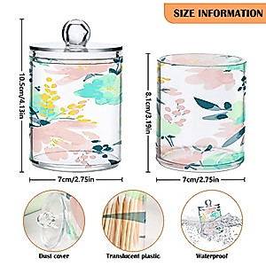 Watercolour Floral Apothecary Jars with Lids, 2 Pack Qtip Holder Dispenser Cotton Ball, Cotton Swab, Floss - 14 oz Clear Plastic Countertop Canister for Bathroom Organizer and Storage Containers