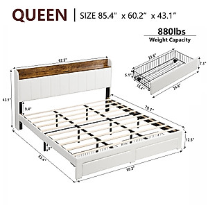 XKLOGER Upholstered Bed Frame Queen Size with Headboard, Platform Queen Bed Frame with Storage Drawers & Charging Station, No Box Spring Needed/Noise Free/Heavy Duty/White